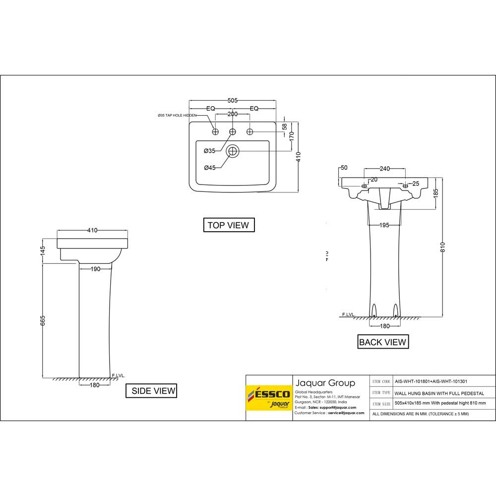 Essco Aspire Wall-Hung Full Pedestal Toilet Wash Basin