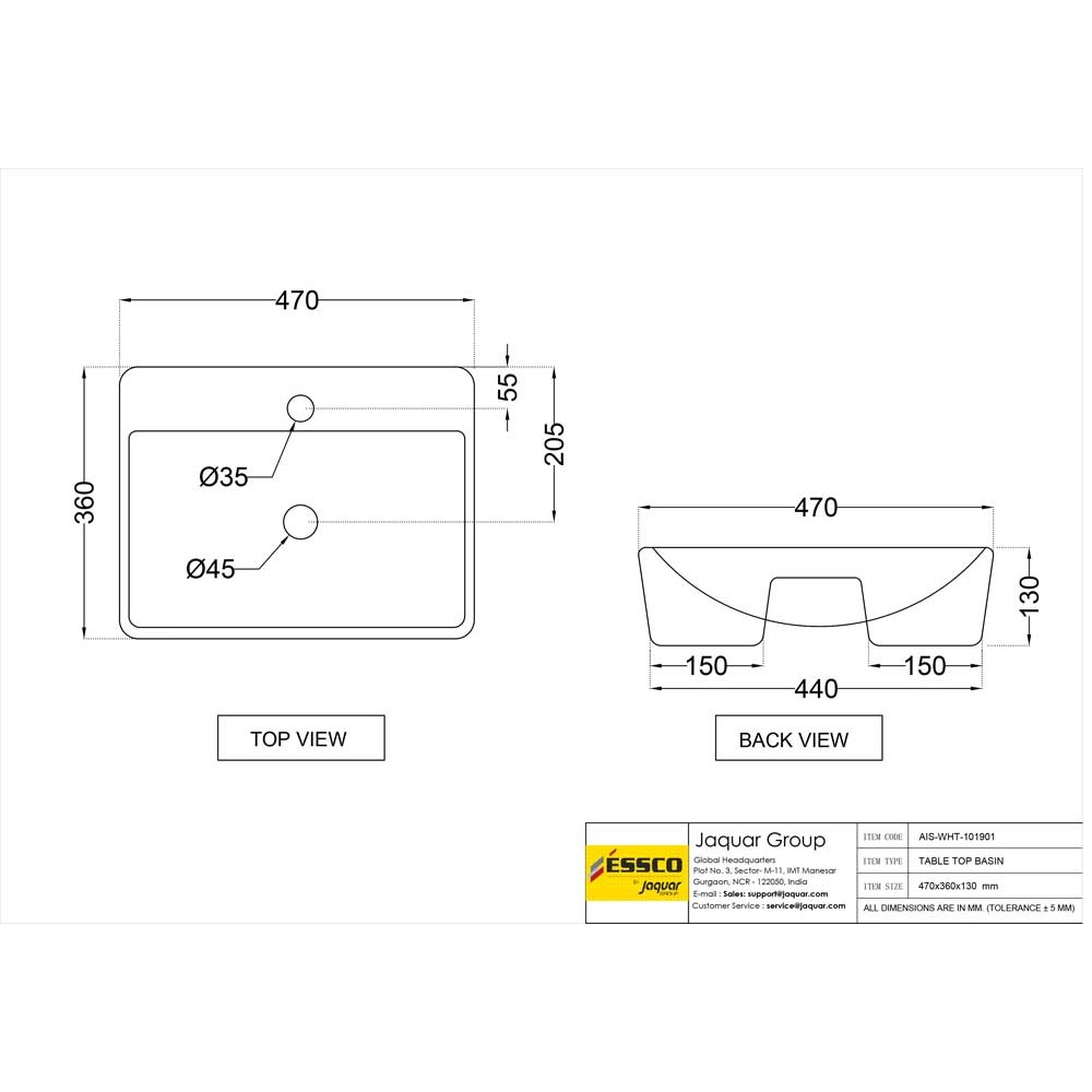 Aspire Rectangular Shaped TableTop Wash Basin for Toilets