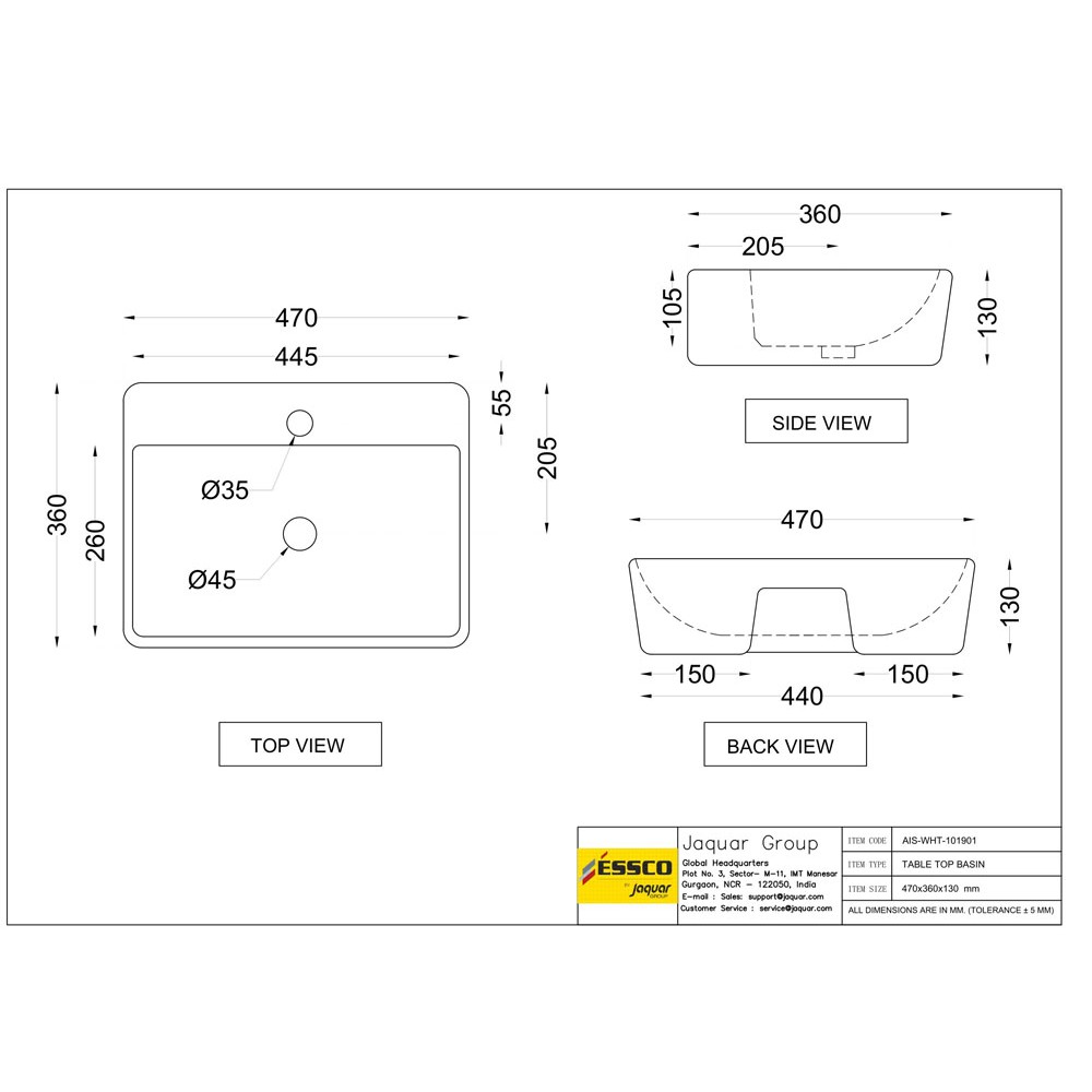 Aspire Rectangular Shaped TableTop Wash Basin for Toilets