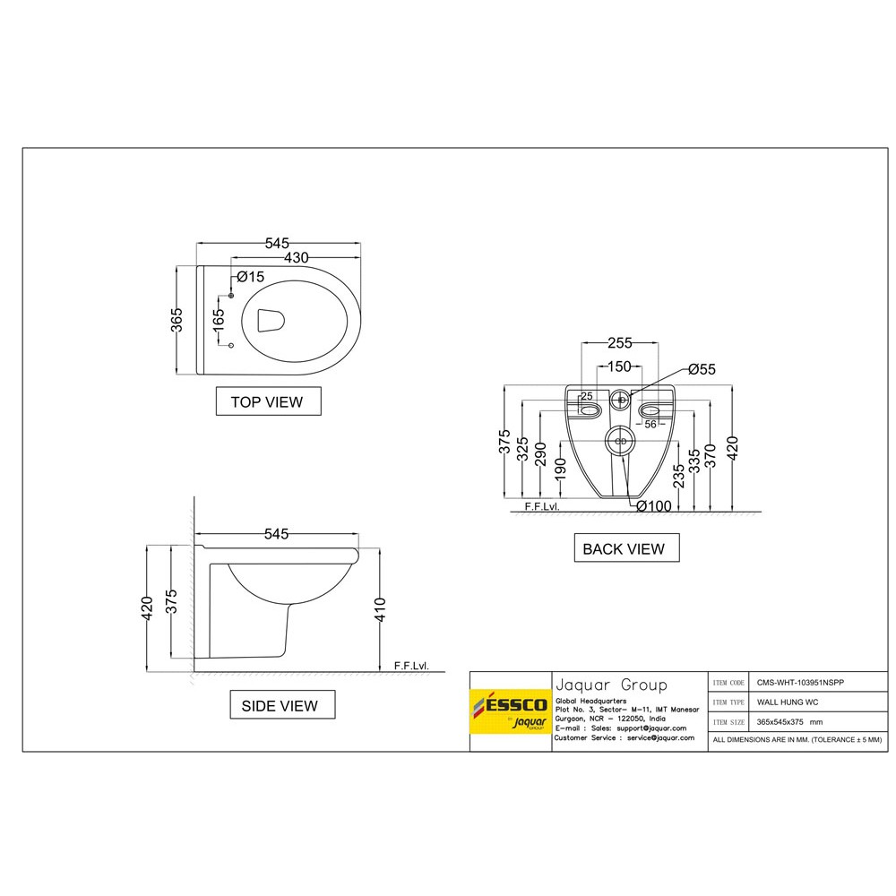 Cosmo Wall Hung WC with Soft Close Seat Cover | 365x545x375 mm