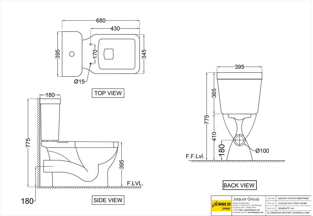 Essco Aspire P-Trap Two Pc. floor mounted Toilet Seat