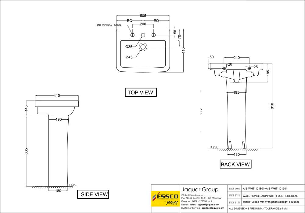 Essco Aspire Wall-Hung Full Pedestal Toilet Wash Basin
