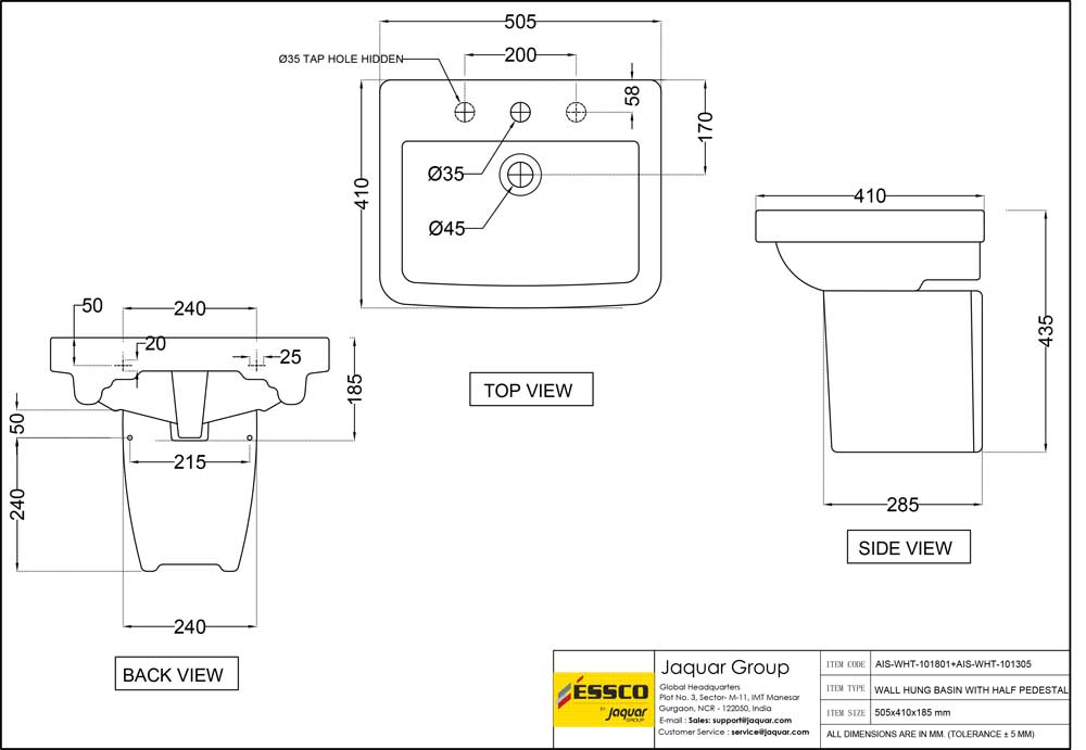 Aspire Wall-Hung Toilet Wash Basin with Half Pedestal