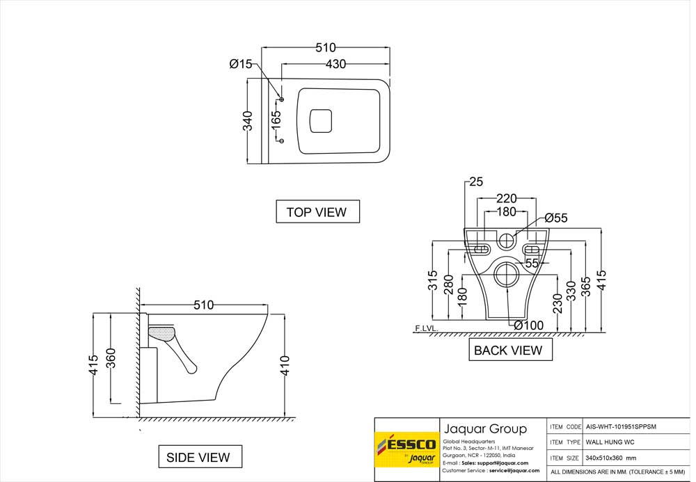 Aspire Wall Hung WC with Soft Close Seat Cover | 345x510x360 mm