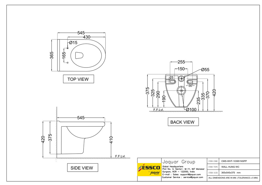 Cosmo Wall Hung WC with Soft Close Seat Cover | 365x545x375 mm
